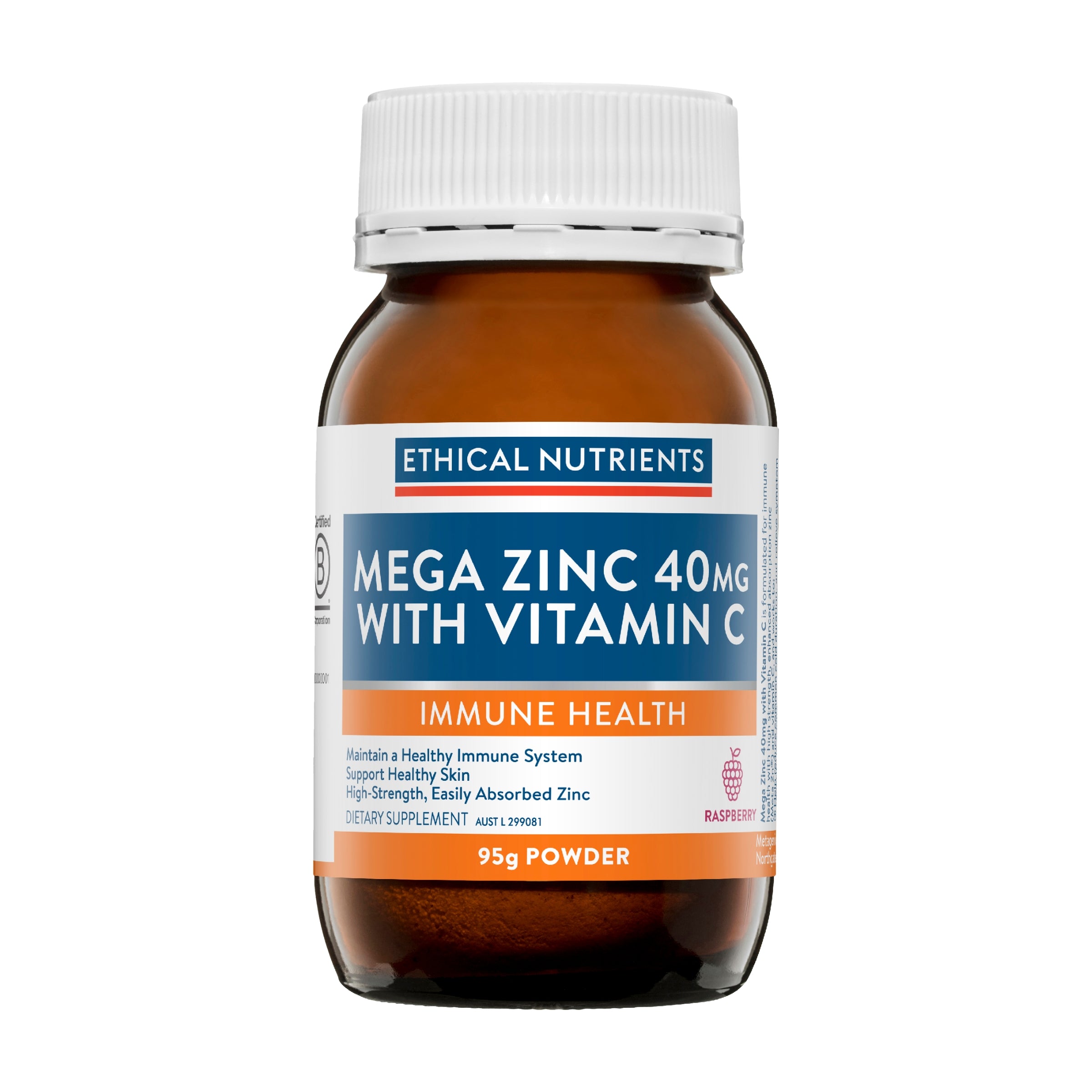 Ethical Nutrients Mega Zinc 40mg with Vitamin C Powder Raspberry 95g ...